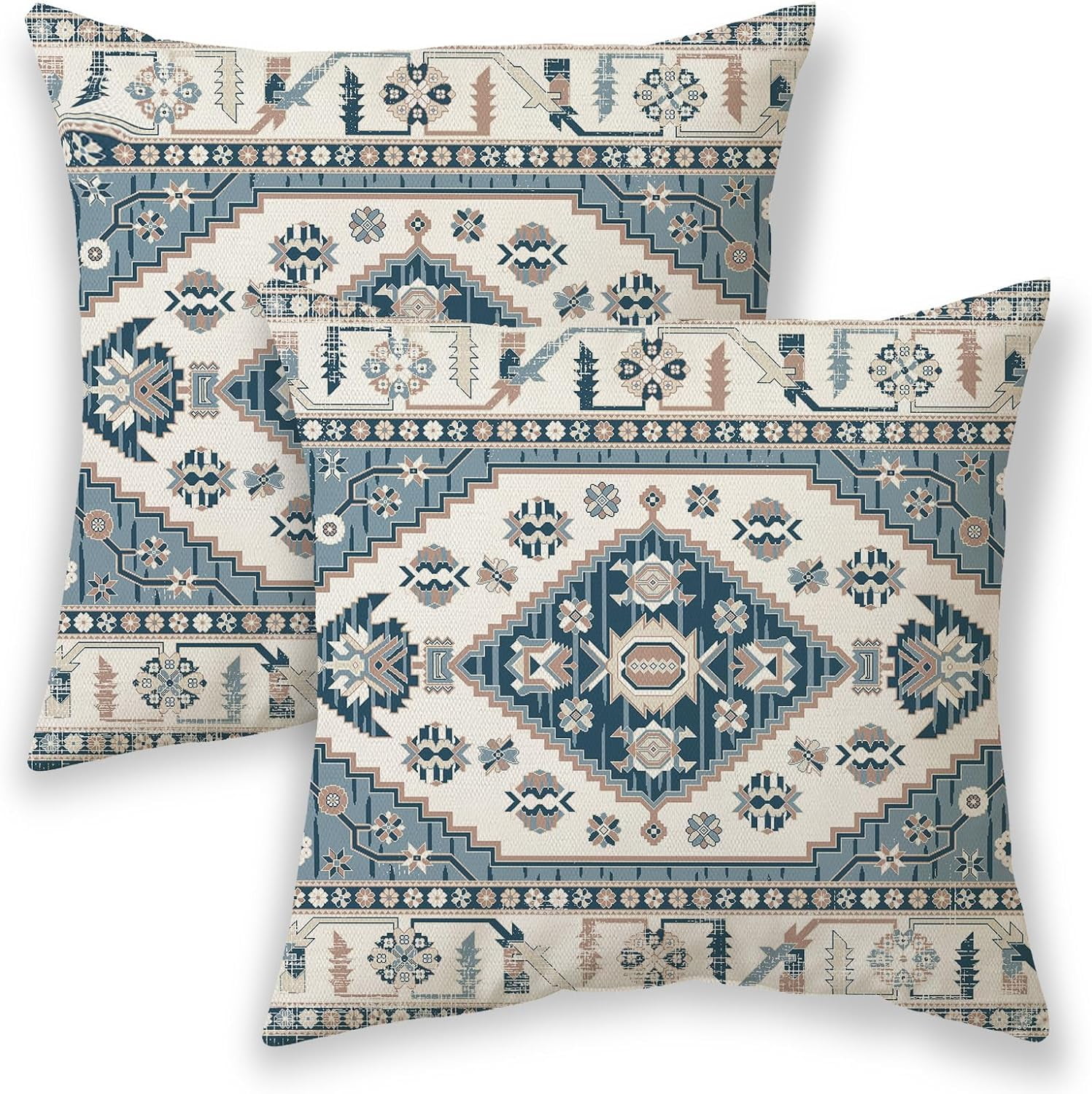 Boho Pillow Covers 18x18, Blue Cream Ethnic Design Outdoor Decorative ...