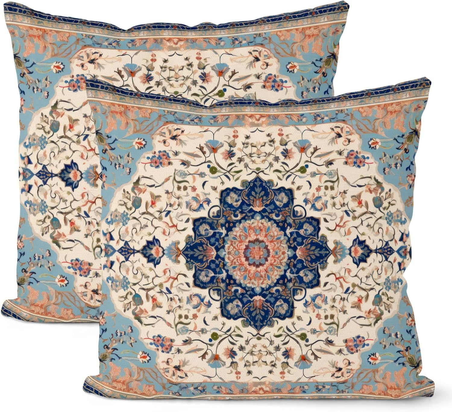 Boho Pillow Covers 18x18 Set of 2, Persian Carpet Blue Orange Boho ...
