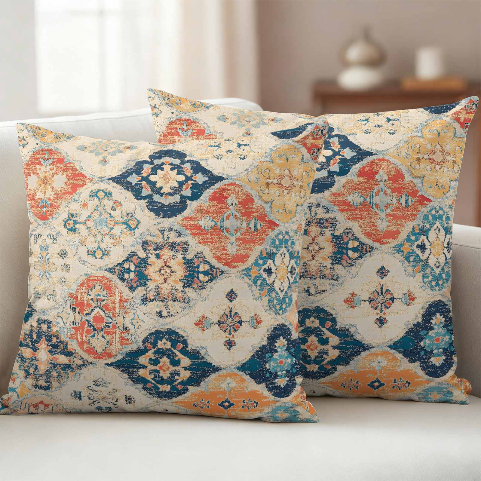 Boho Pillow Covers 2 Pack Vintage Orange Blue Abstract Ethnic Flower ...