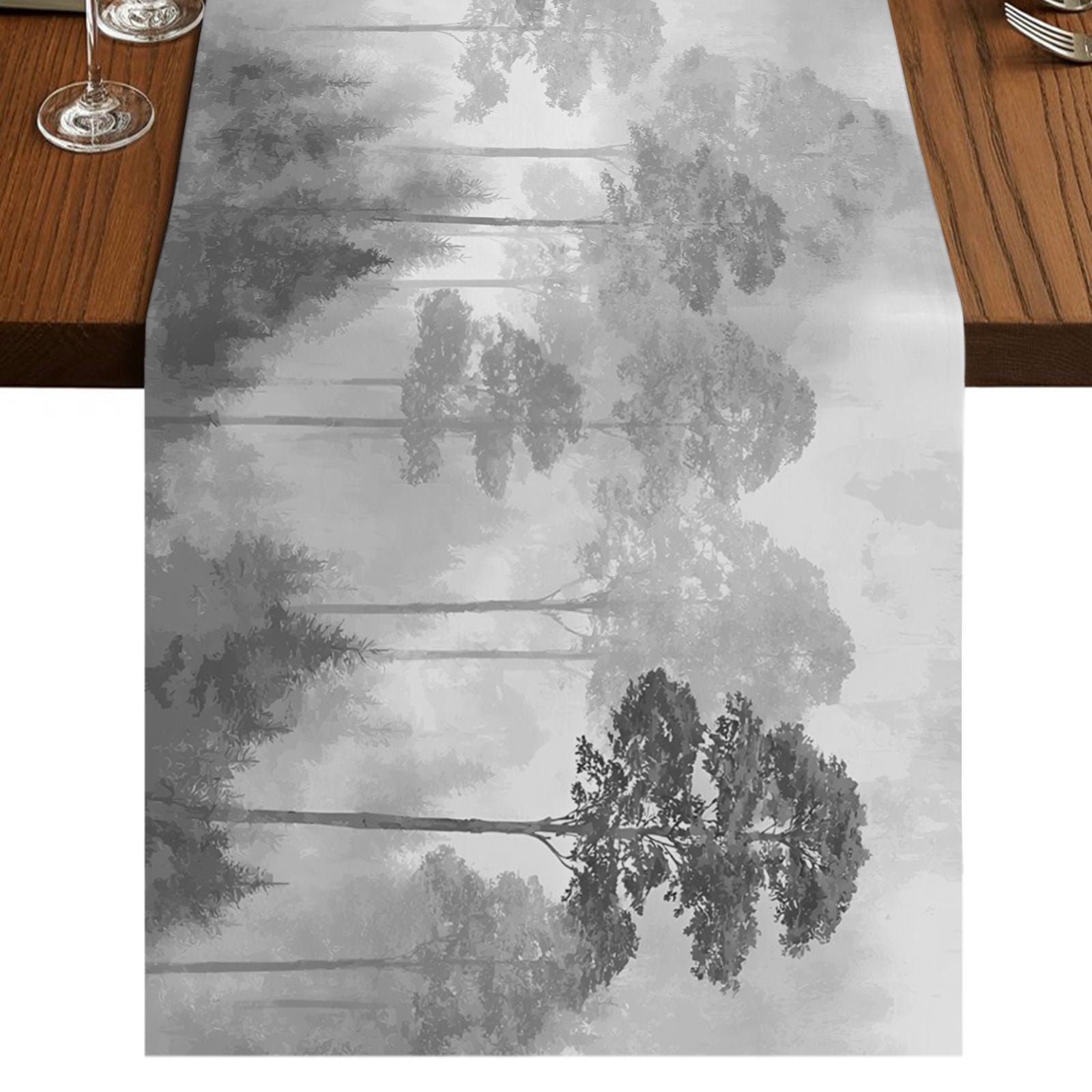 Boho Pines Burlap Cotton Table Runner 13x70 Inches Long, Fogged Mist ...