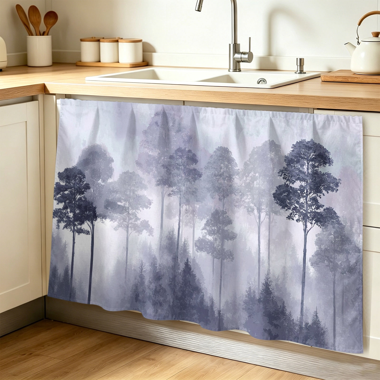 Boho Pines Cabinet Curtains for Shelves, Fogged Mist Forest Purple-blue ...