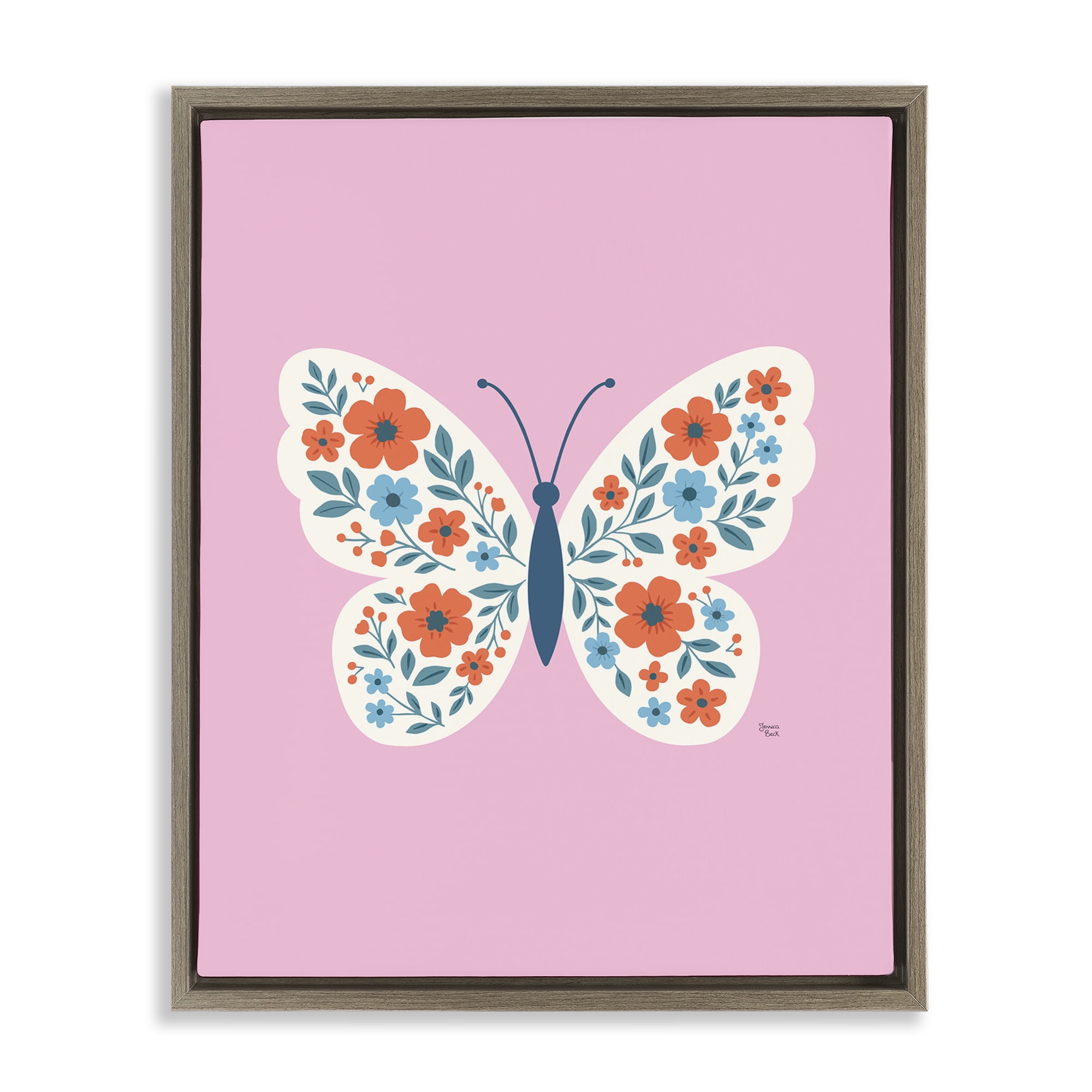 Boho Pink Floral Butterfly Brown Framed Floater Canvas Wall Art, design ...