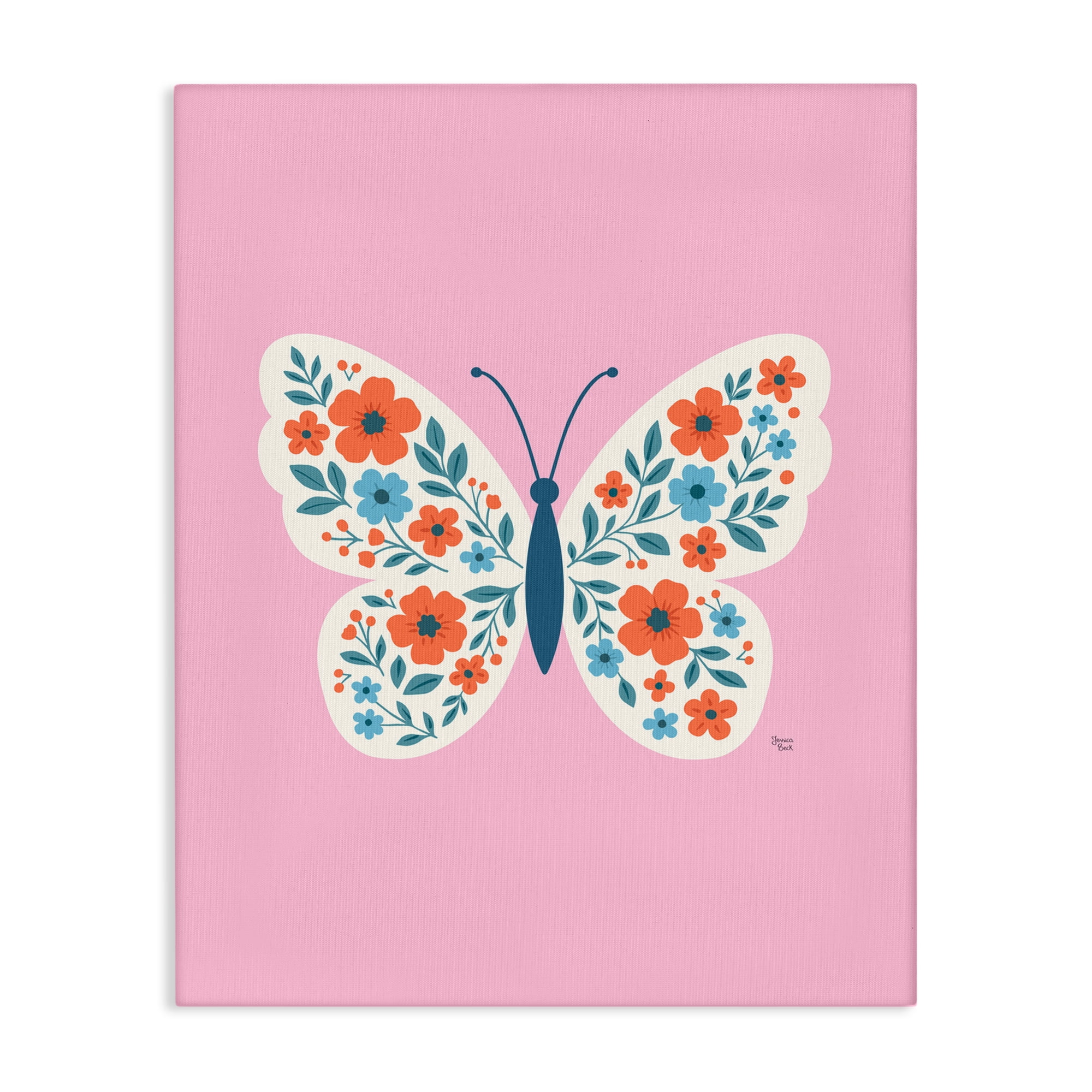 Boho Pink Floral Butterfly Canvas Wall Art, design by Jessica Beck ...