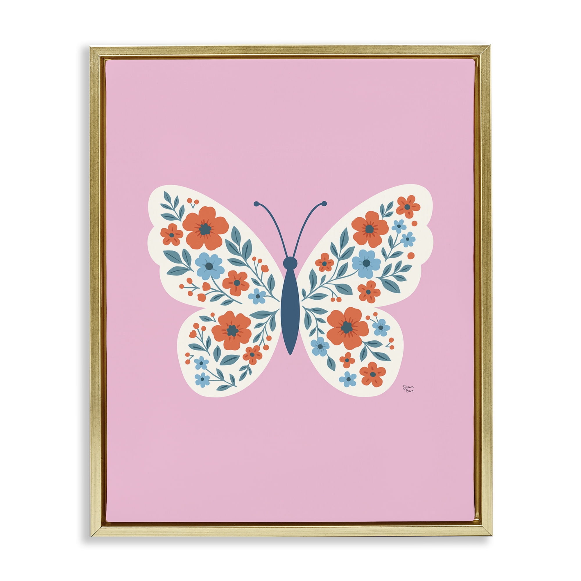 Boho Pink Floral Butterfly Gold Framed Floater Canvas Wall Art, design ...
