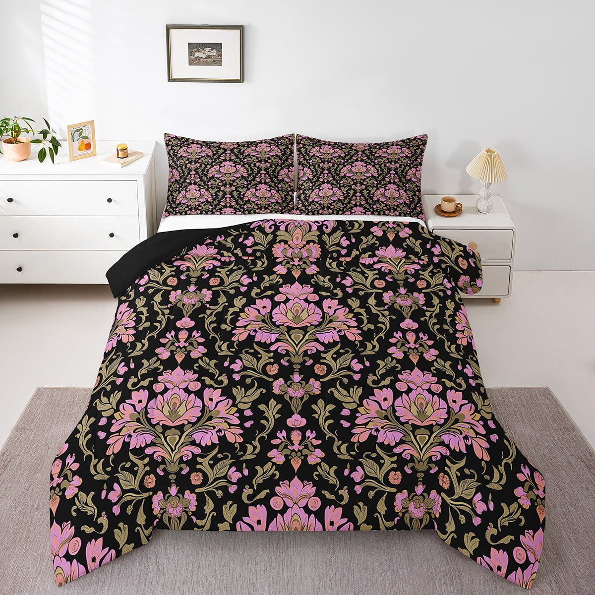 Boho Pink Floral Comforter Set King Size,Exotic Paisley Down Comforter ...