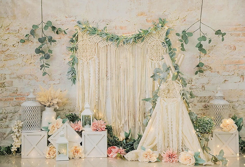 Boho Pink Floral Girl Boy Birthday Party Cake Smash Portrait r Photo ...