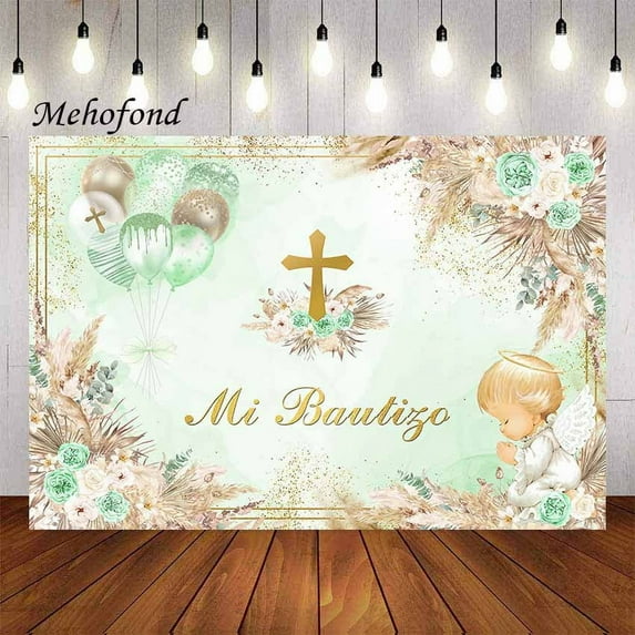 Boho Pink Floral Mi Bautizo God Bless Angel Kids Christening Party r Photo Backdrop Studio ...