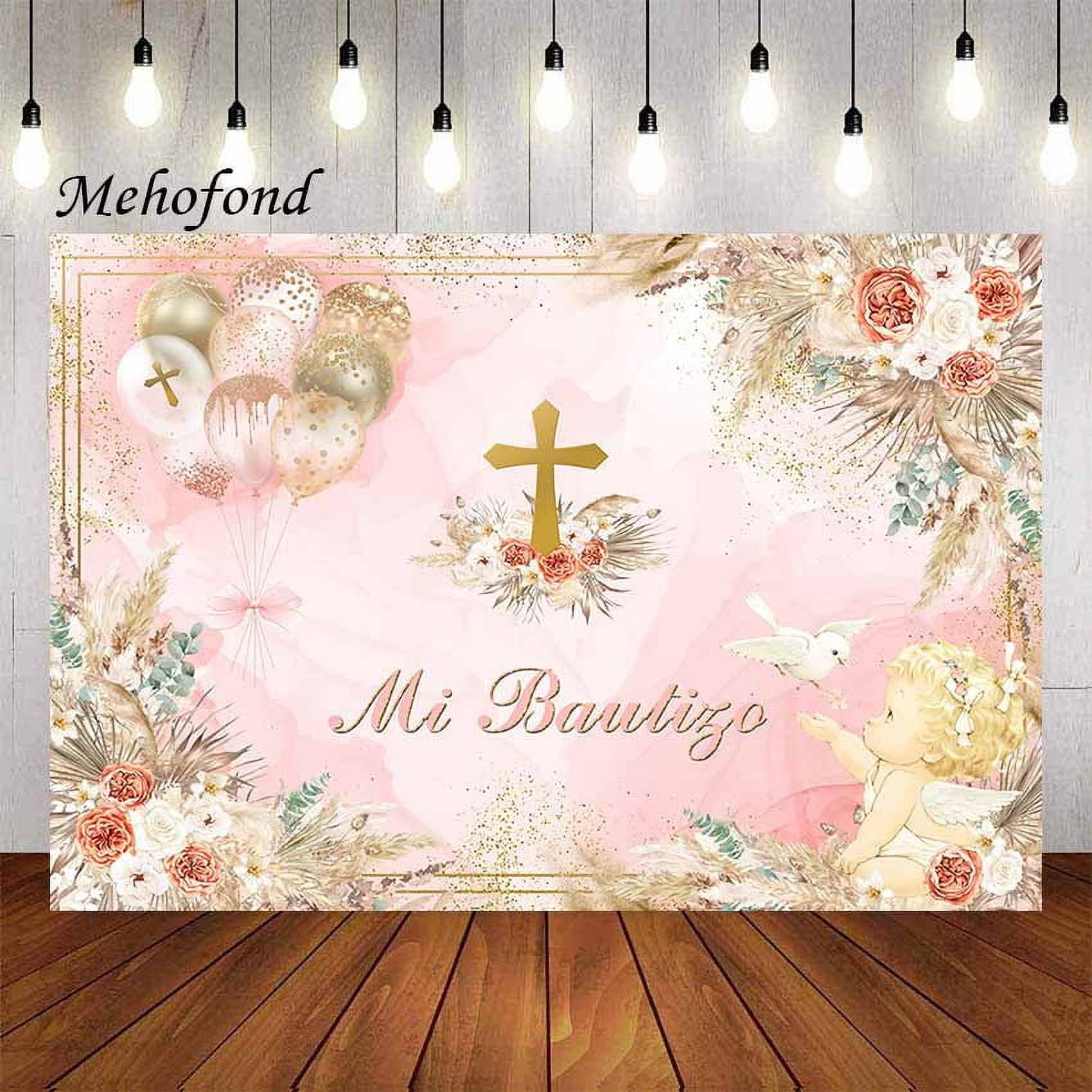 Boho Pink Floral Mi Bautizo God Bless Angel Kids Christening Party r ...