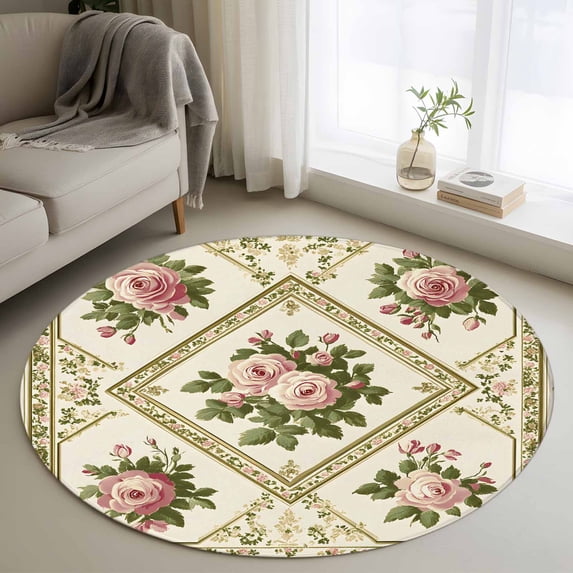 Boho Pink Floral Round Area Rug 3 FT, Small Kitchen Bathroom Mats ...