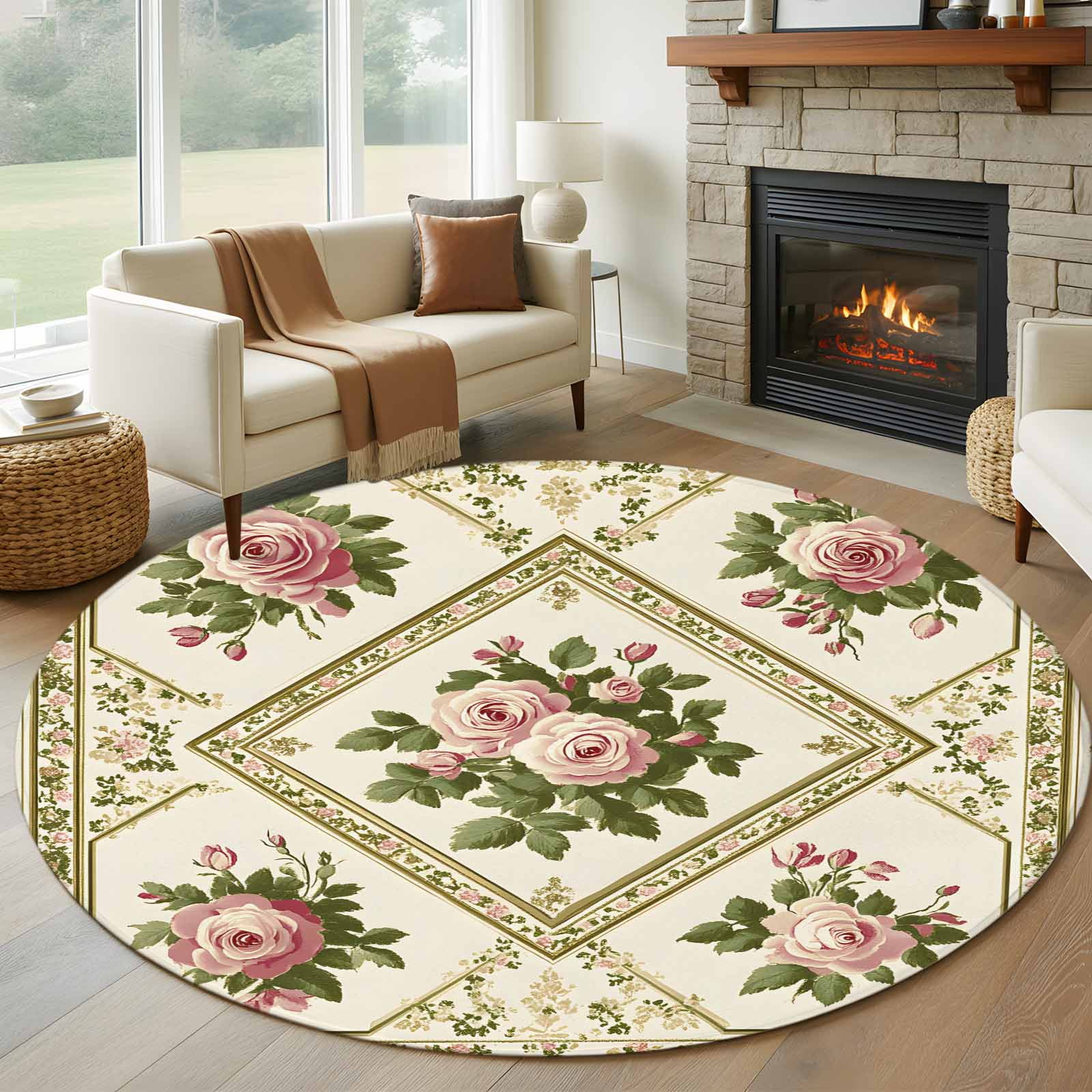 Boho Pink Floral Round Rug 5ft Washable Circle Kitchen Rugs Non Slip ...