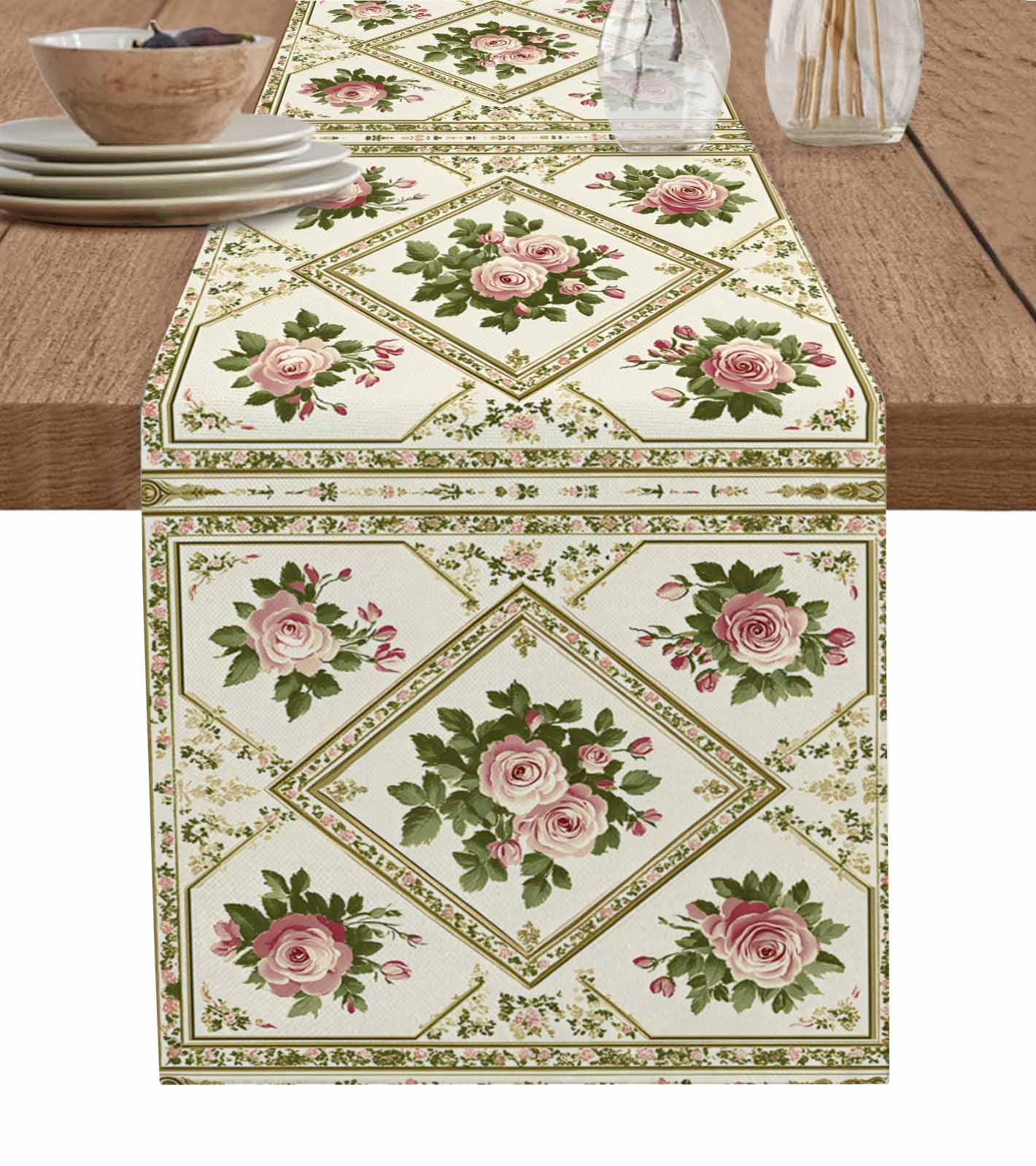 Boho Pink Floral Table Runner 90 Inches, Spring Vintage Flower Green ...