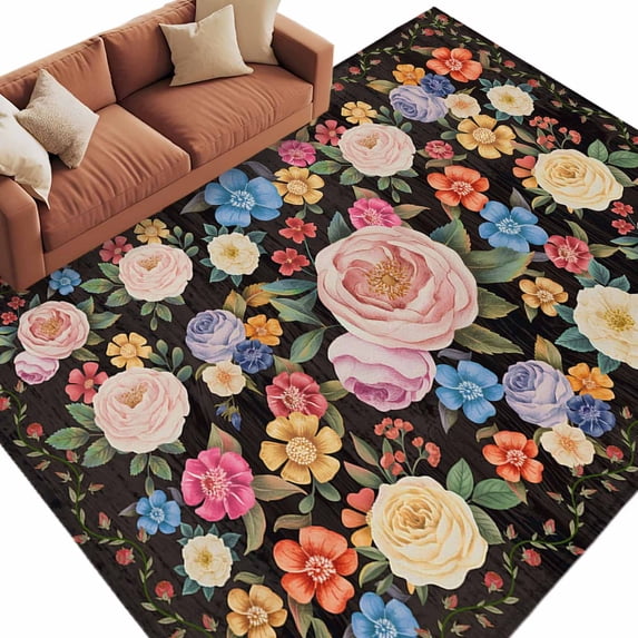 Boho Pink Flower Area Rugs Collection 5'x8', Spring Watercolor Country ...