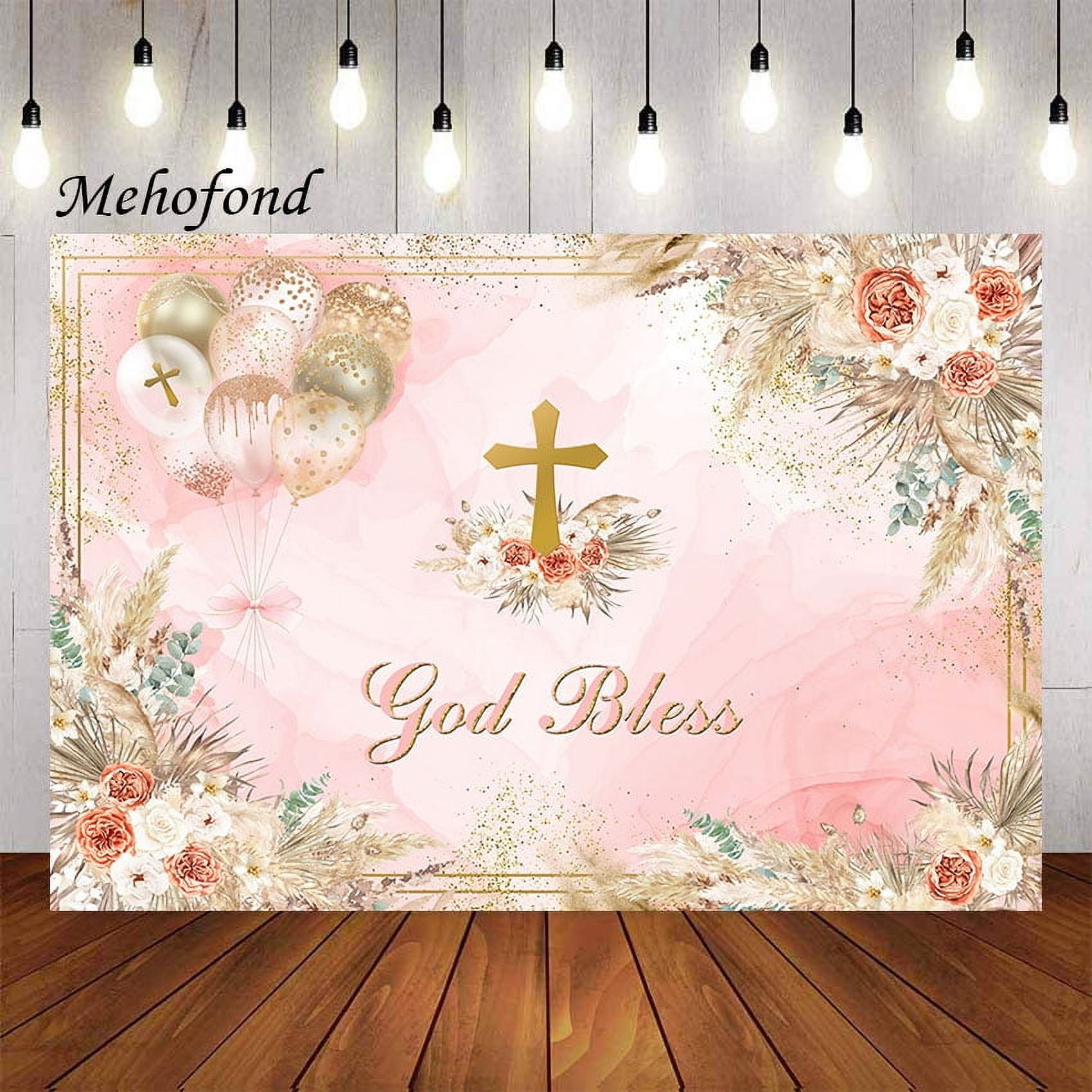 Boho Pink Flowers Mi Primera Comunion Christening God Bless Party r ...