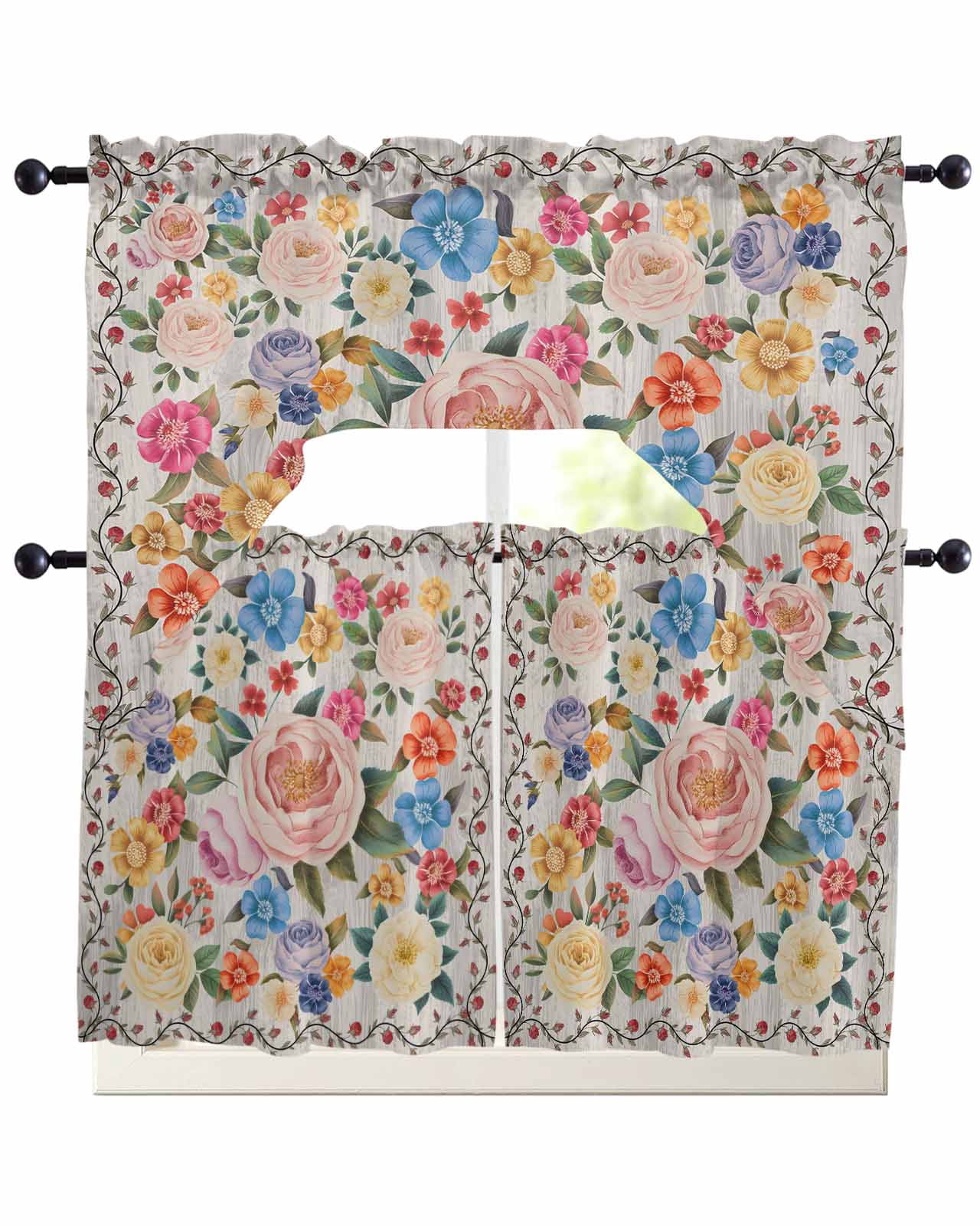 Boho Pink Flowers Swag Kitchen Curtains Sets for Windows 24 Inch Length ...