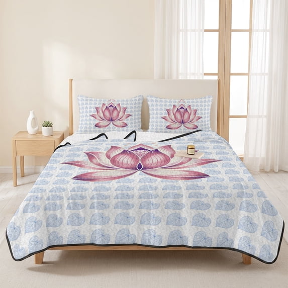 Boho Pink Lotus Flower Blue Leaves 3 Pieces Quilt Set,1 Quilt with 2 ...