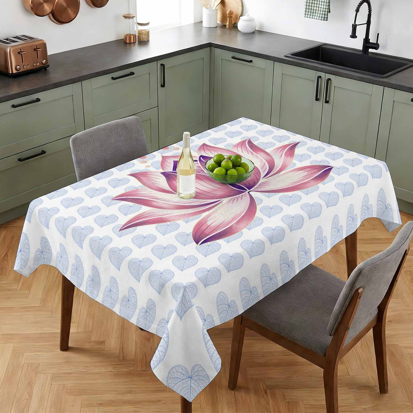Boho Pink Lotus Flower Blue Leaves Table Cloth 52x70in, Waterproof ...