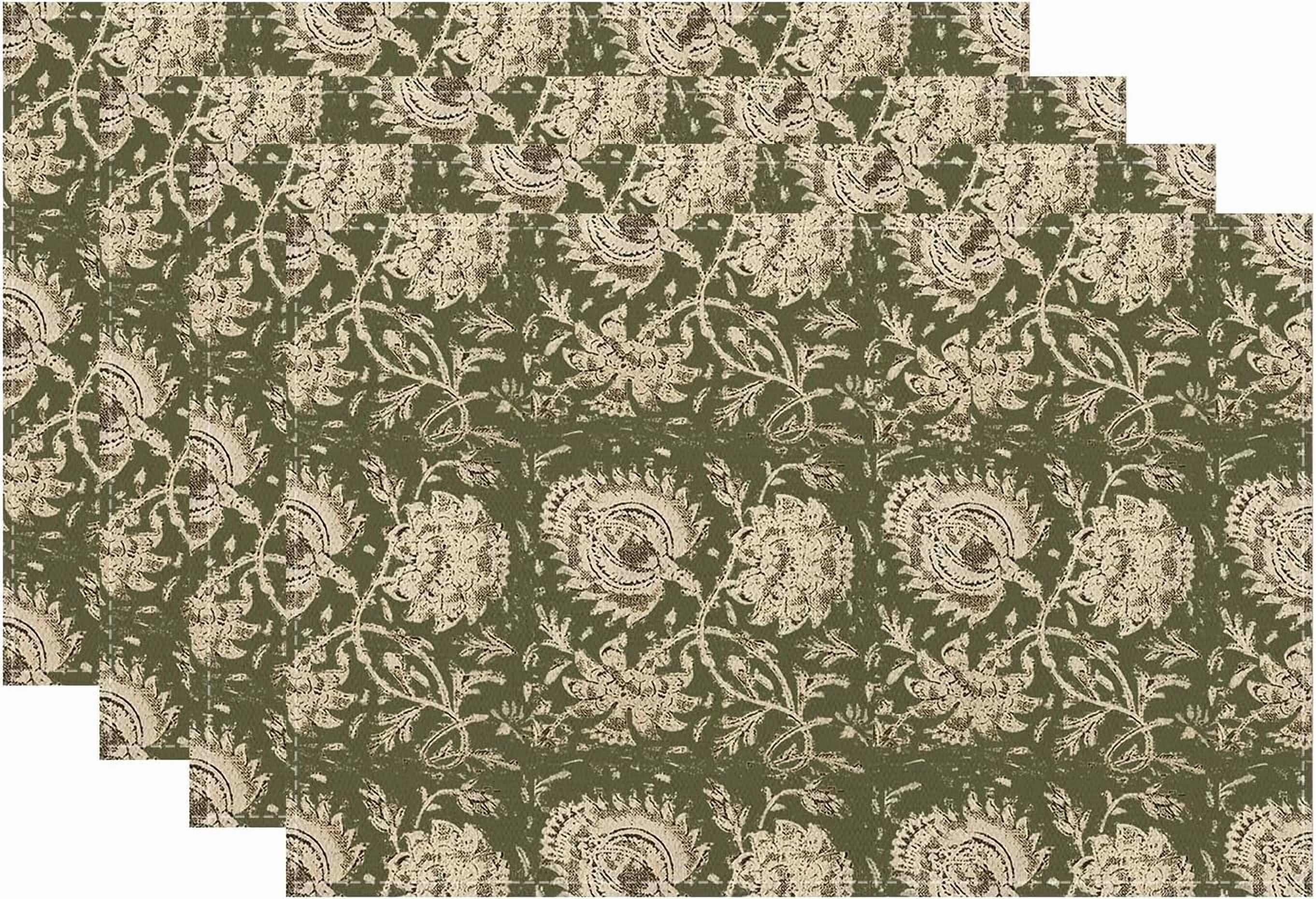Boho Place mats Set of 4,12x18 Inches Sage Green Block Print Floral ...