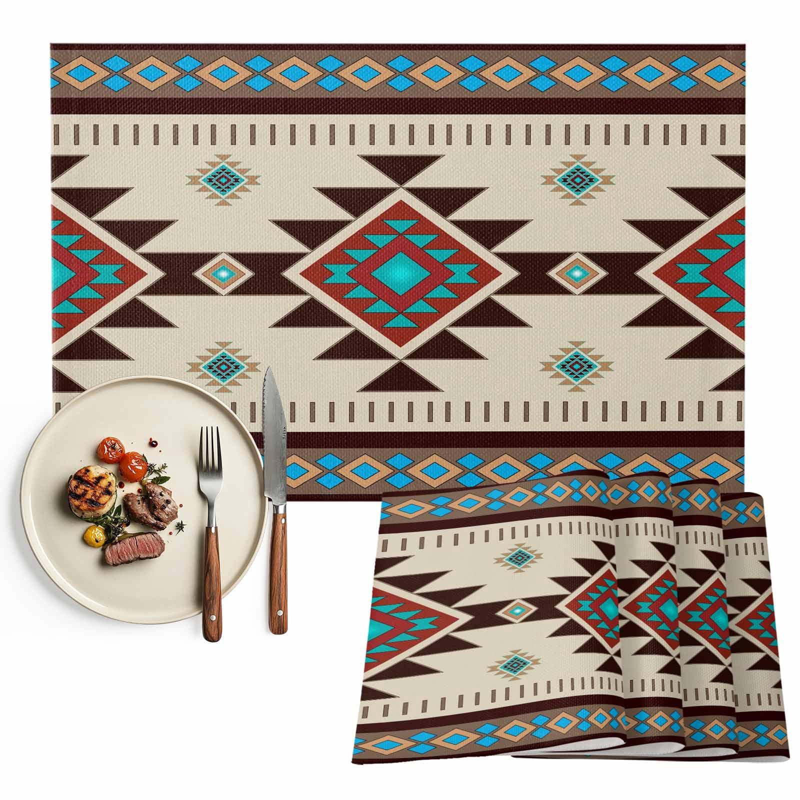 Boho Placemat of 1 PC, Brown Teal Blue Ethnic Textured Table Mats ...