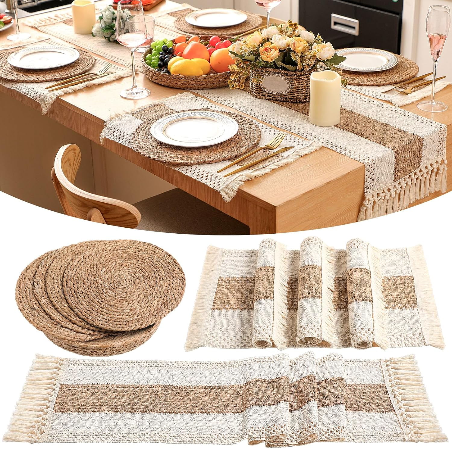 Boho Placemats 4/6/8 Set of Round Woven Placemat Macrame Style Bicolor ...