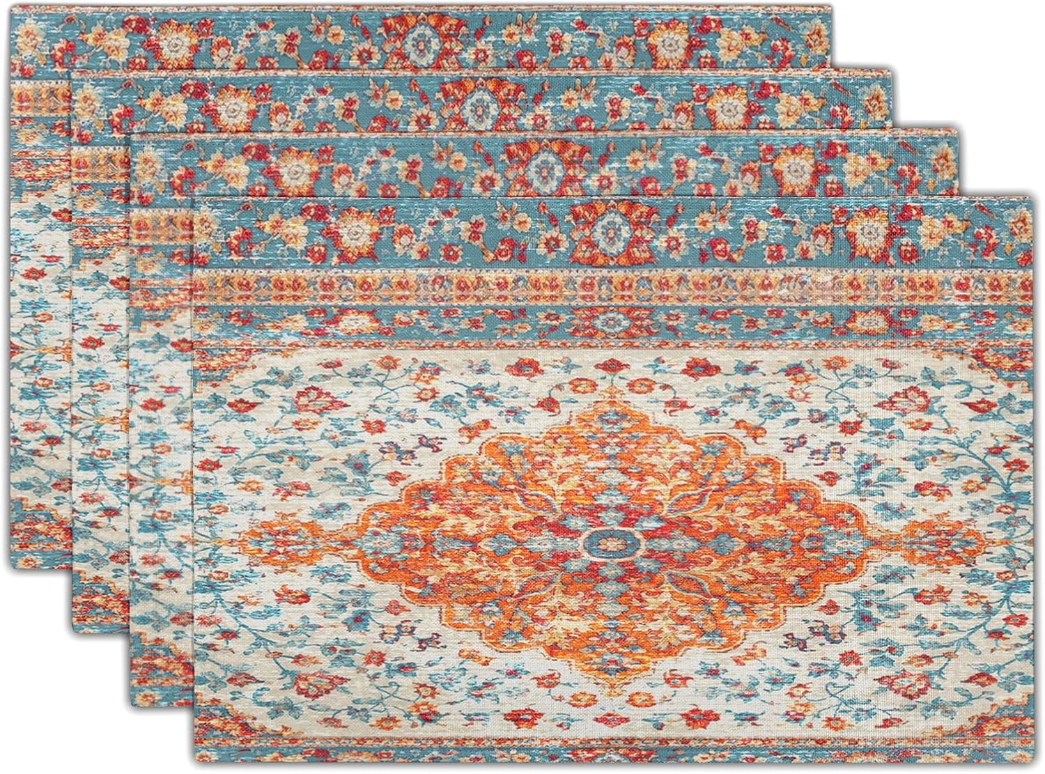 Boho Placemats - Rustic Floral Place Mats Set of 4 Teal Orange Country ...
