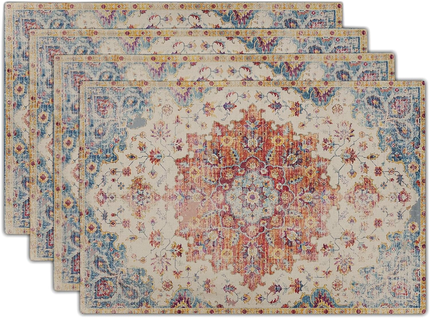 Boho Placemats Set of 4 12x18 Inch Blue Orange Carpet Pattern Vintage ...