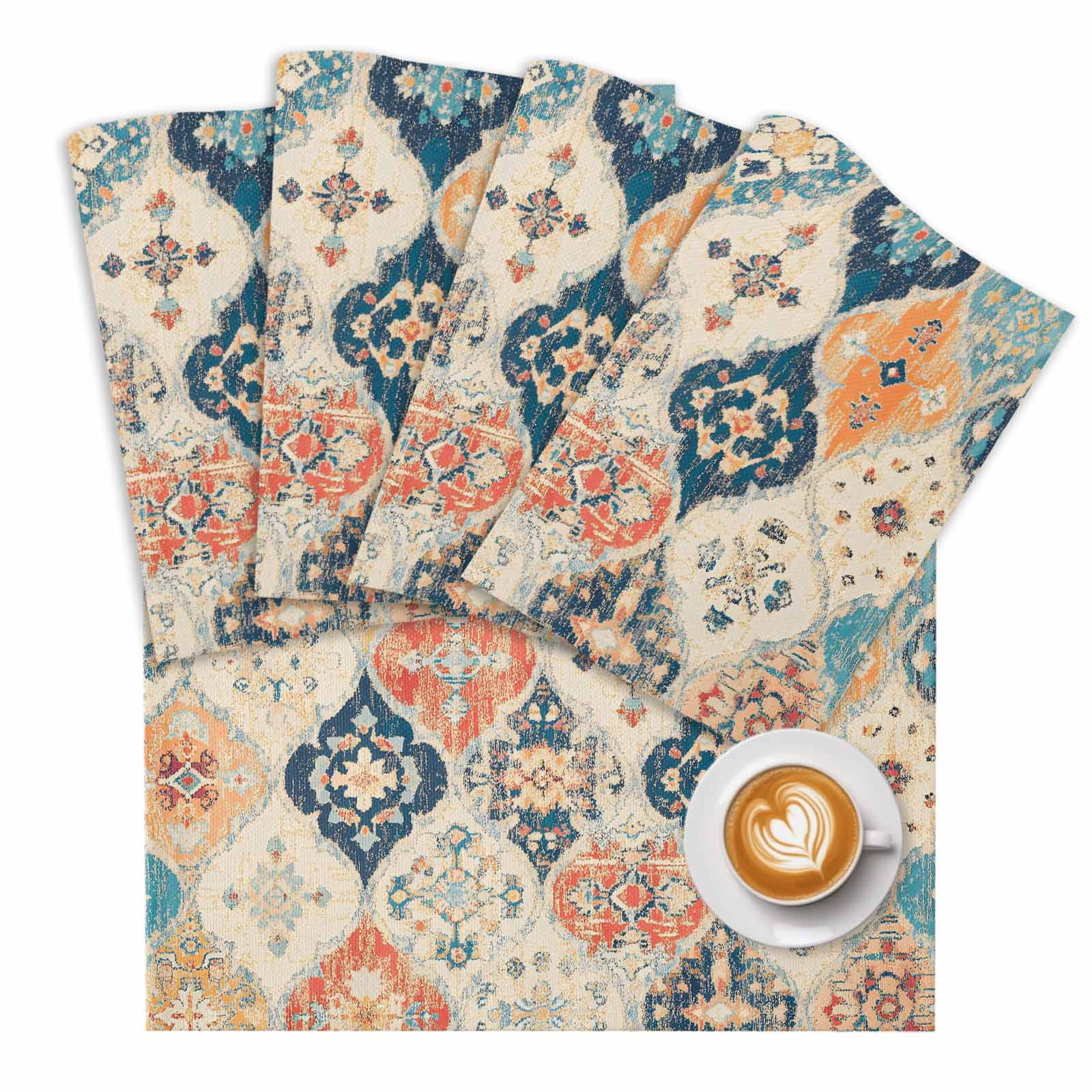 Boho Placemats Set of 4 Vintage Orange Blue Abstract Ethnic Flower ...