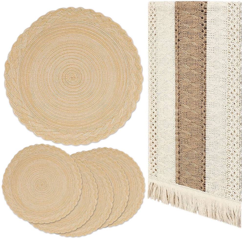 Boho Placemats Set of 6, 15" Round Place Mats with 70" Table Runner ...