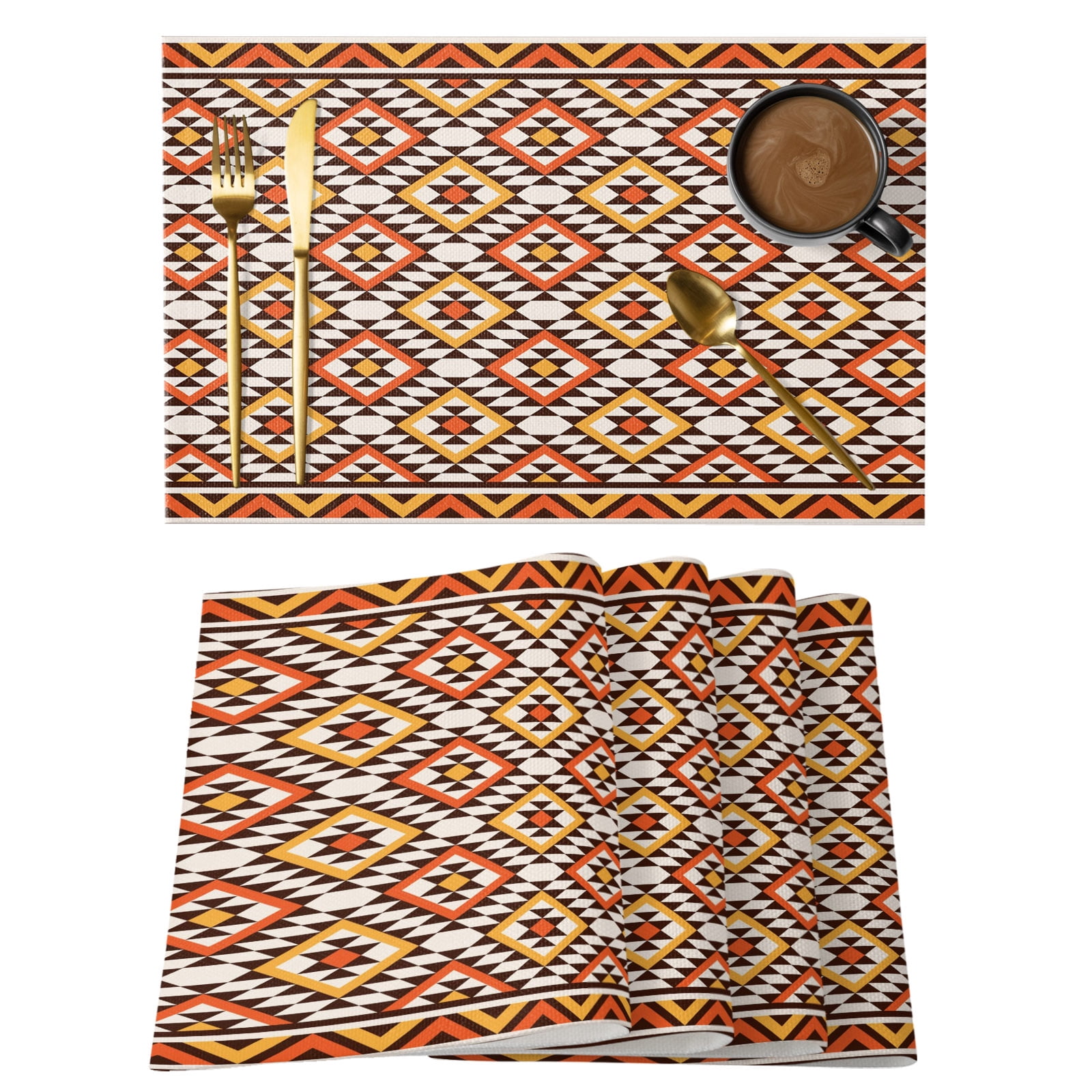 Boho Placemats Set of 6 Abstract Geometric Ethnic Bohemia Textured ...