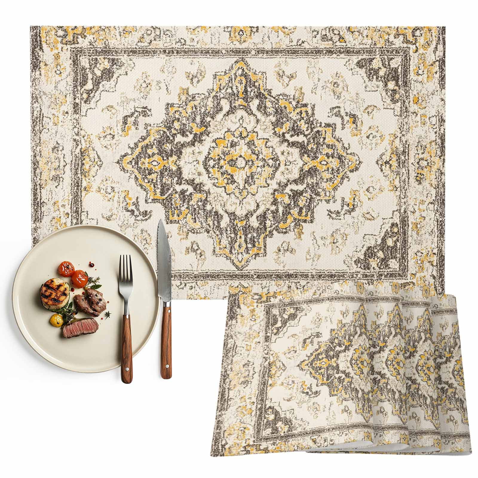 Boho Placemats Set of 8, Vintage Pattern Table Mats Washable Heat ...