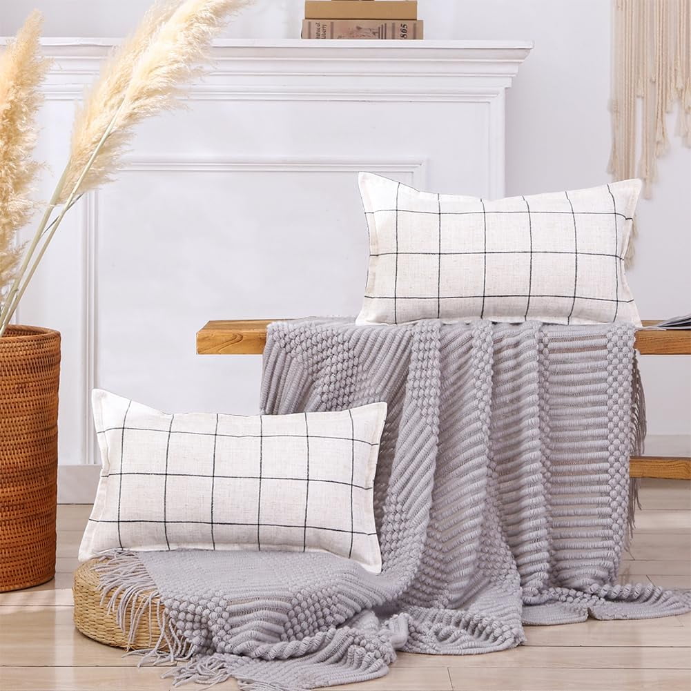 Boho Plaid Lumbar Pillow Covers 12x20 Set of 2 Cream and Black ...