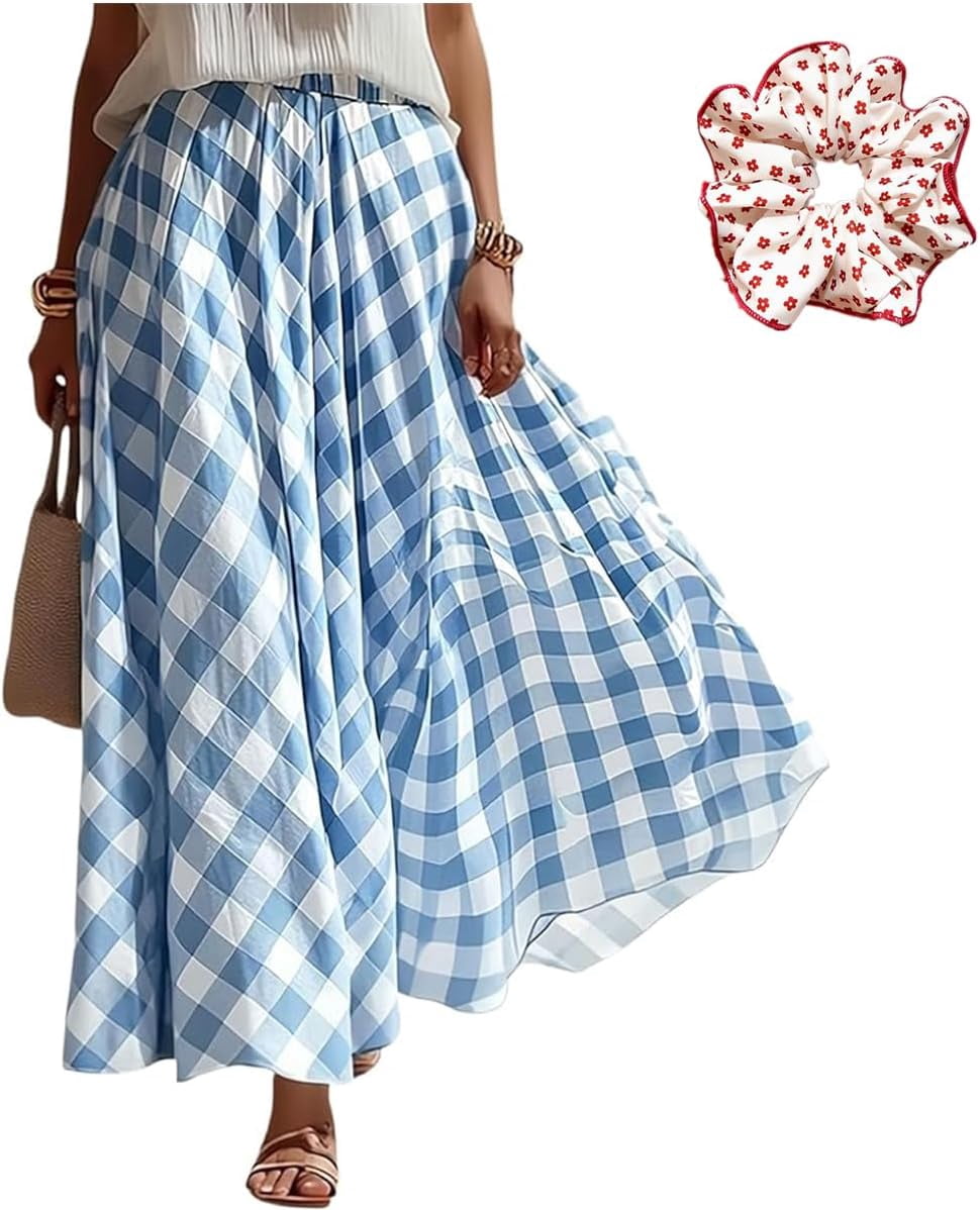 Boho Plaid Midi Skirt for Women, High Waist A-Line Loose Fit Long Skirt ...
