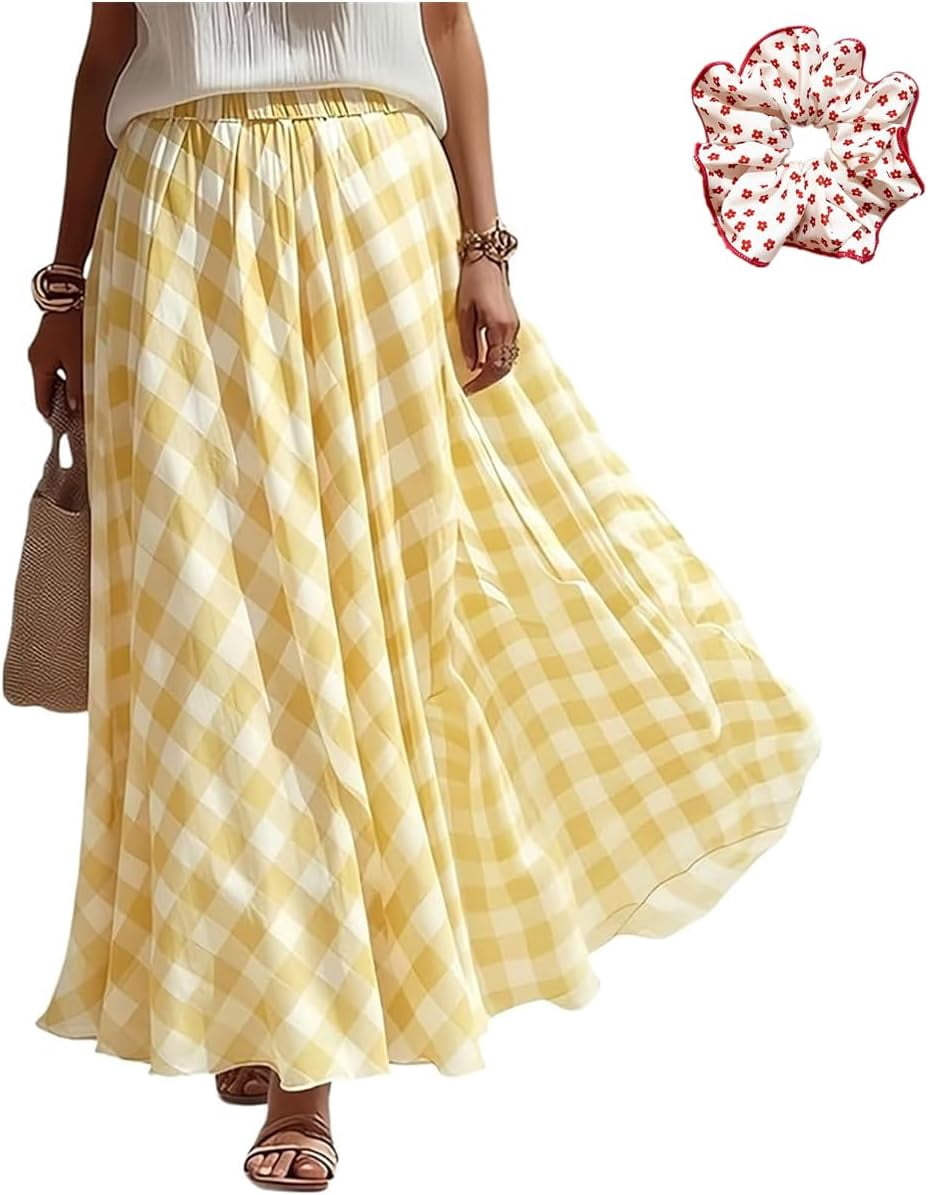 Boho Plaid Midi Skirt for Women, High Waist A-Line Loose Fit Long Skirt ...