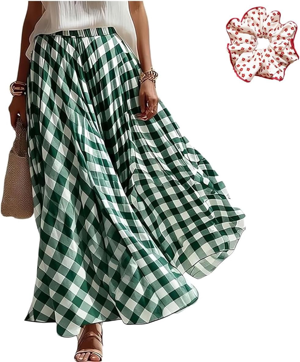 Boho Plaid Midi Skirt for Women, High Waist A-Line Loose Fit Long Skirt ...