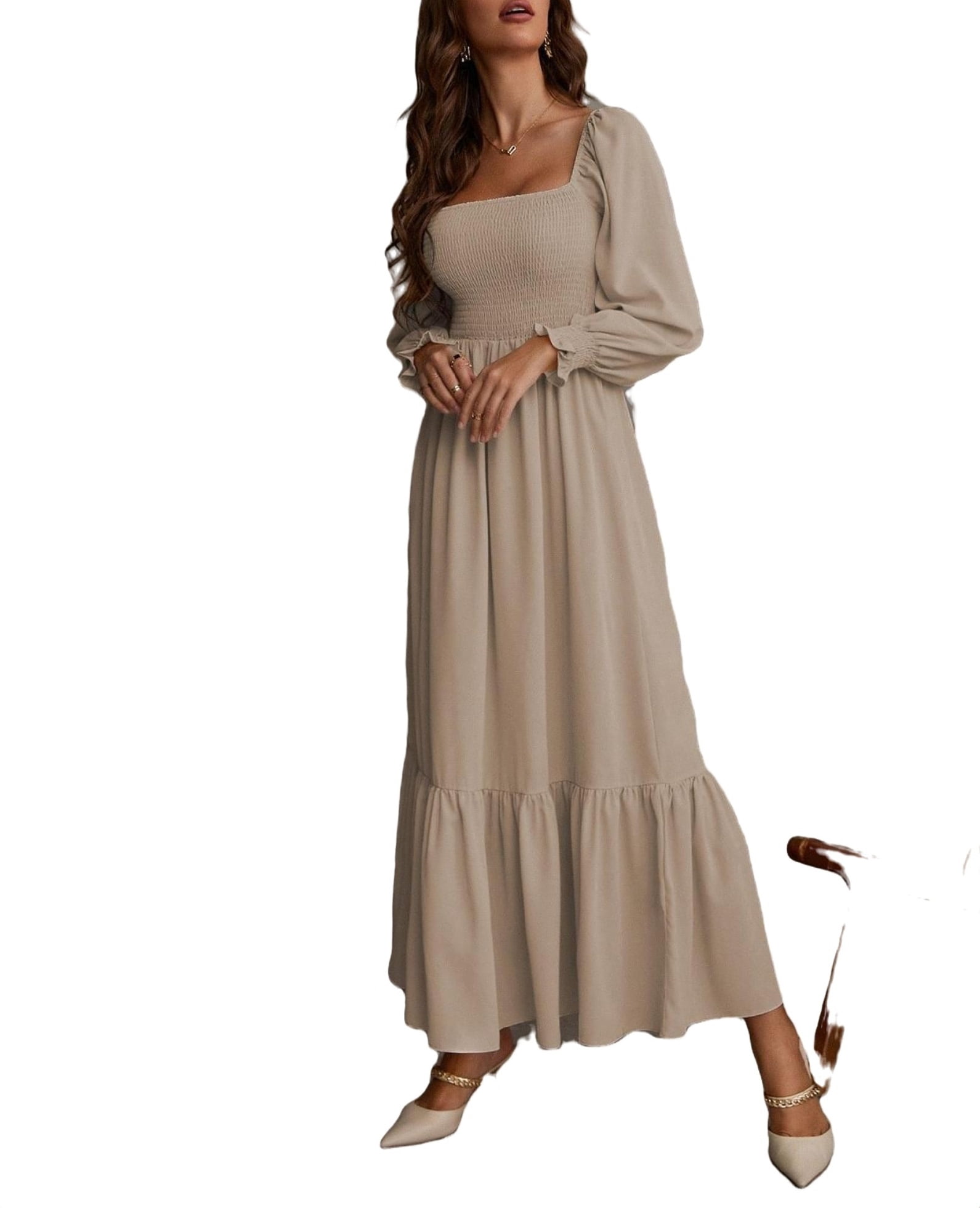 Boho Plain A Line Dress Square Neck Khaki Women Dresses - Walmart.com