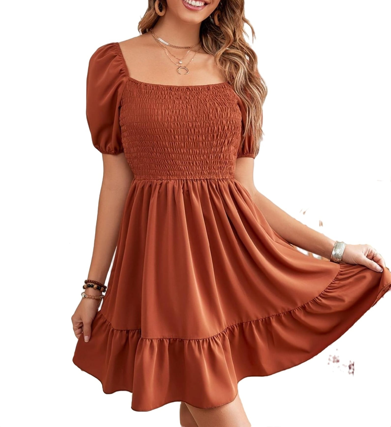 Boho Plain A Line Dress Square Neck Rust Brown Women Dresses - Walmart.com