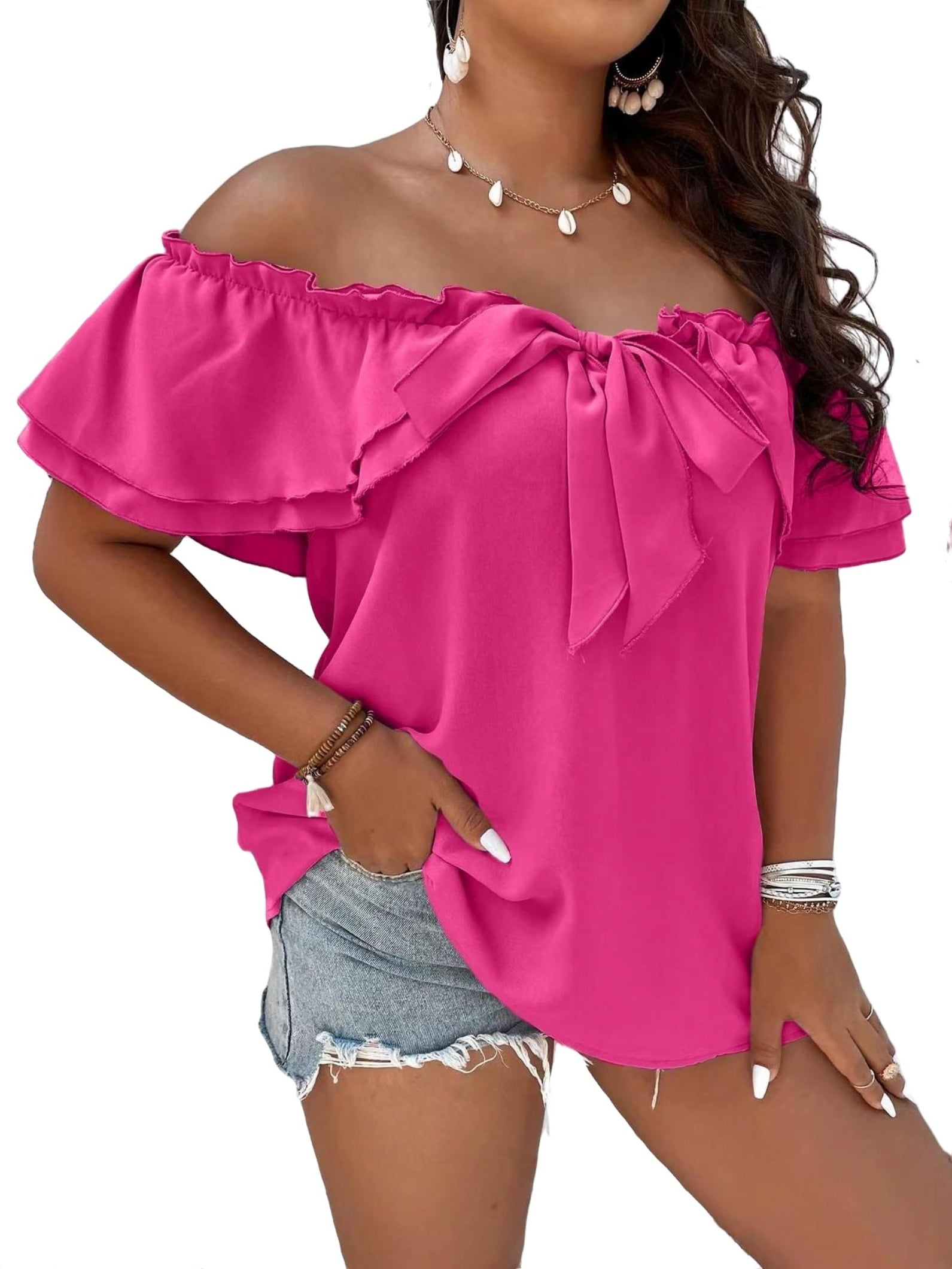 Boho Plain Off the Shoulder Top Short Sleeve Hot Pink Plus Size Blouses ...