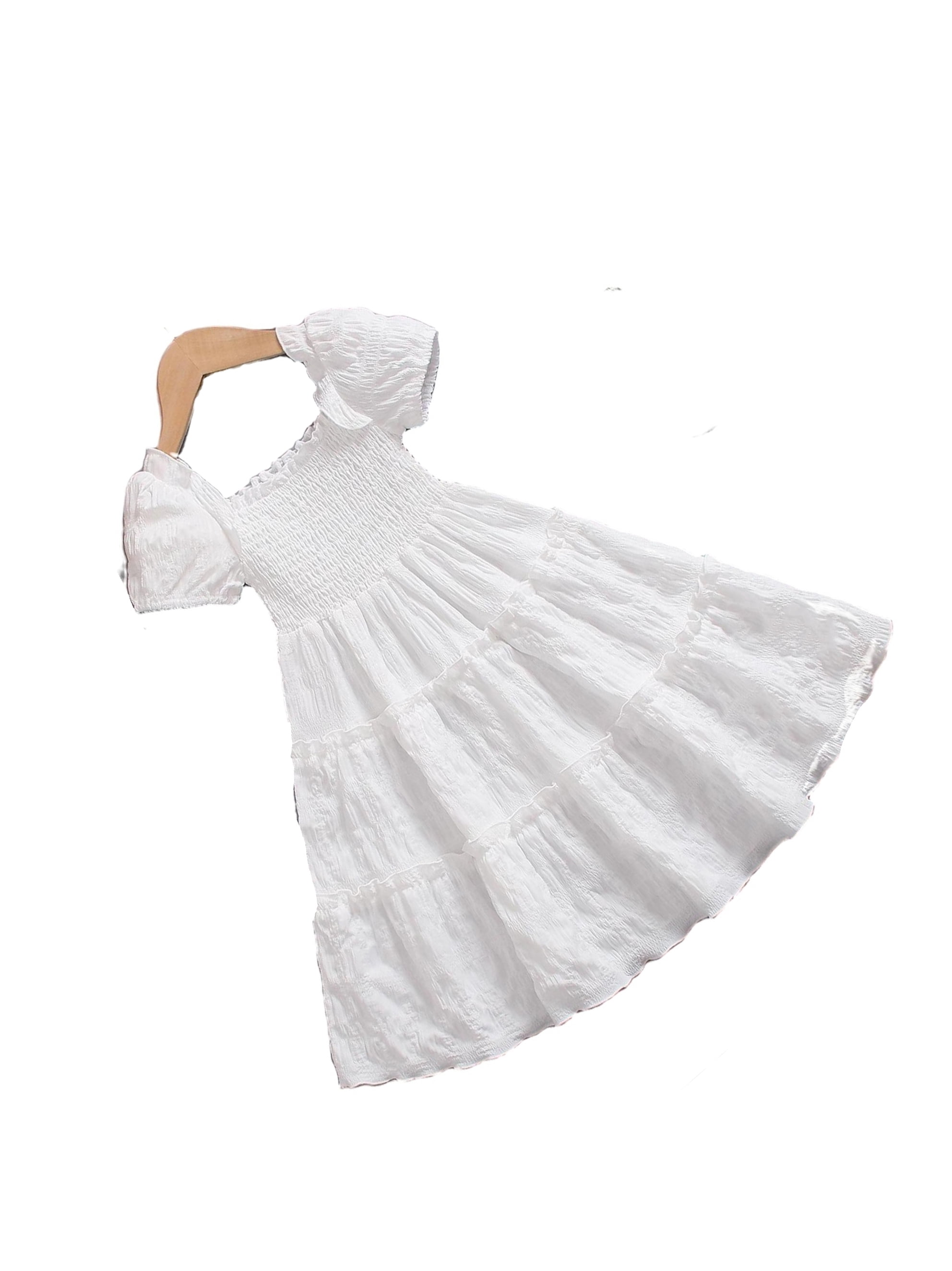 Boho Plain Square Neck A Line Short Sleeve White Toddler Girl Dresses ...