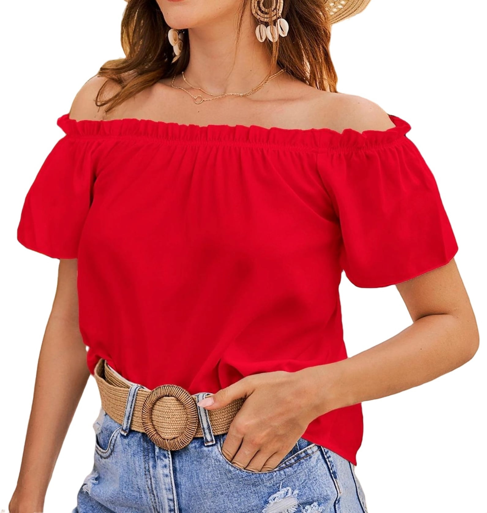 Boho Plain Top Off the Shoulder Red Short Sleeve Women's Blouses XS (2 ...