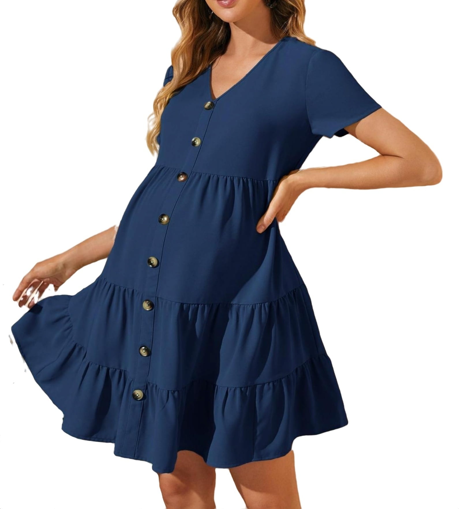 Boho Plain V neck Smock Short Sleeve Navy Blue Maternity Dresses ...