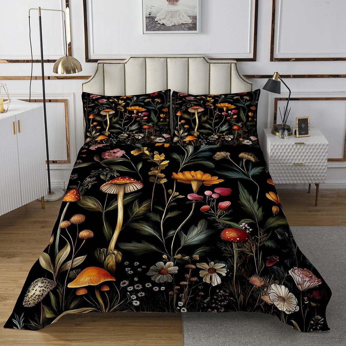 Boho Plant Bedspread Set Queen Size,Mushroom Flowers Leaves Quilt Set ...