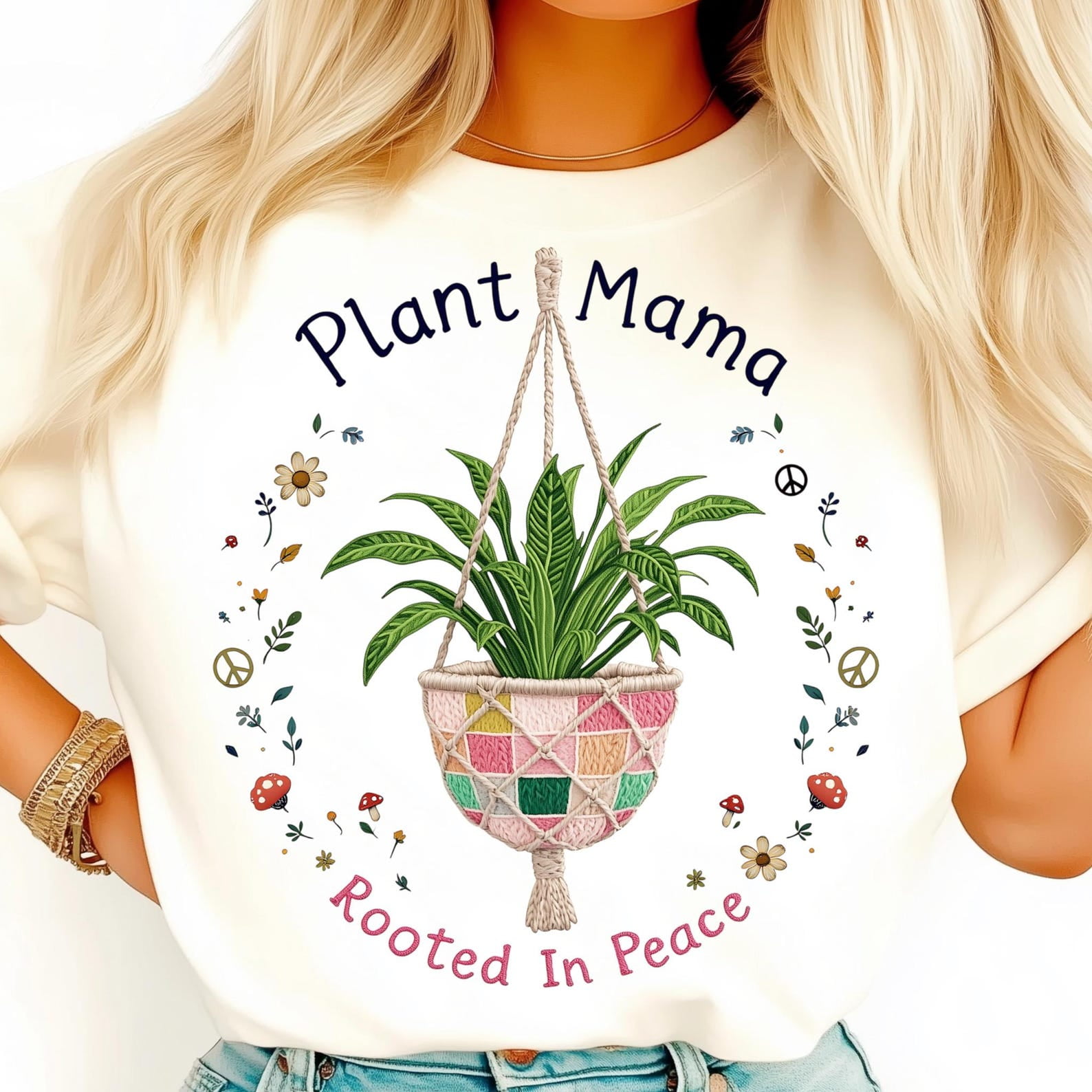 Boho Plant Mama Shirt, Macrame Hanging Plant Shirt, Rooted In Peace Embroidery Shirt, Vintage ...
