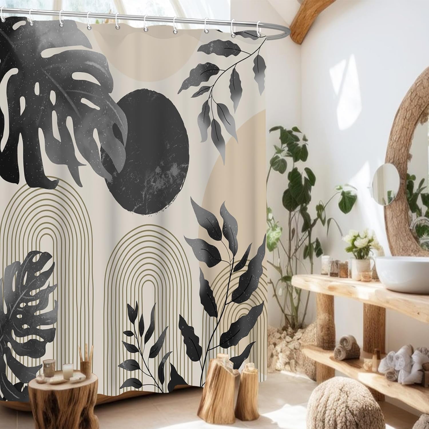Boho Plant Shower Curtain,Black Plant Leaves Mid Century Shower Curtain Set for Bathroom ...