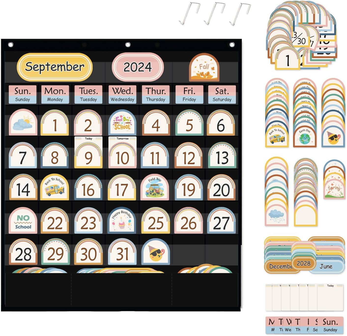 Boho Pocket Chart for Classroom with 127 Cards,Black Preschool Calendar ...