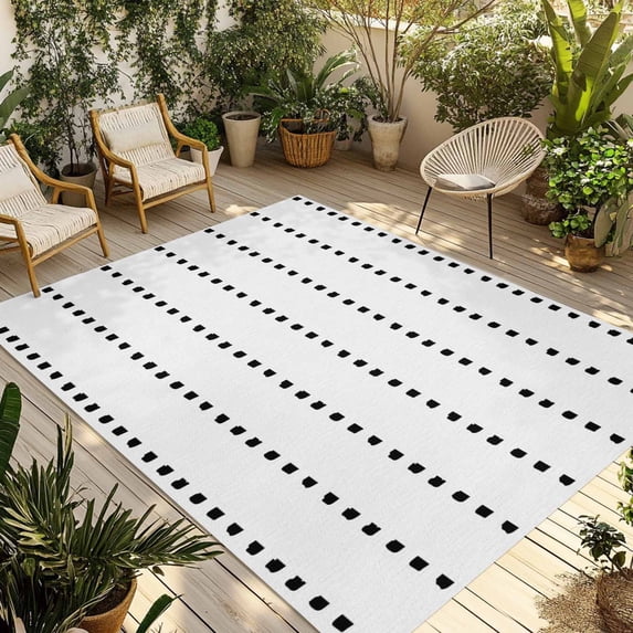 Boho Polka Outdoor Rug, Dot Stripes Geometric Black White Non-Slip Area ...