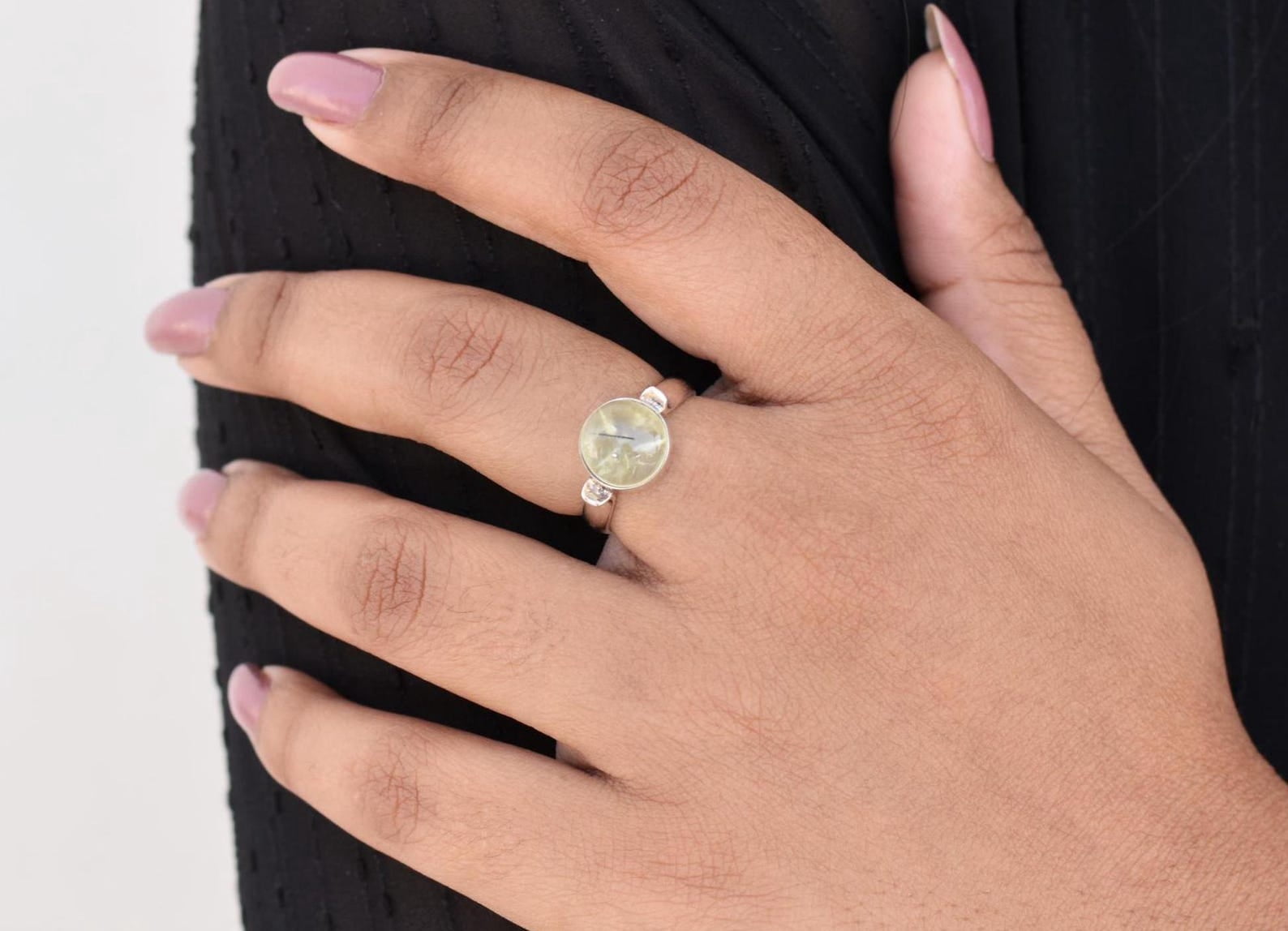 Boho Prehnite Sterling Silver Ring for Women, Natural Green Gemstone ...