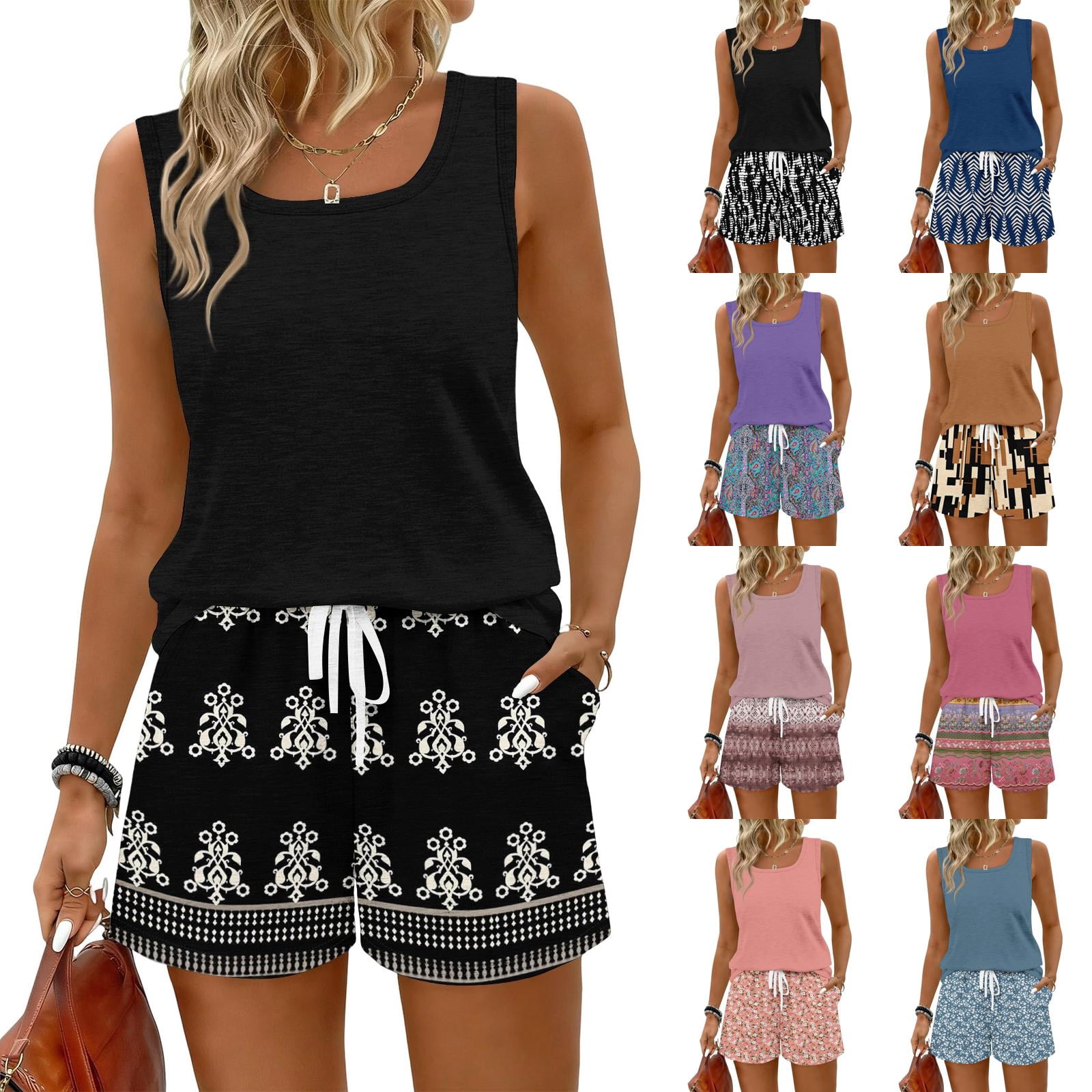 Boho Print 2-Piece Set for Women - Solid Square Neck Tank Top ...