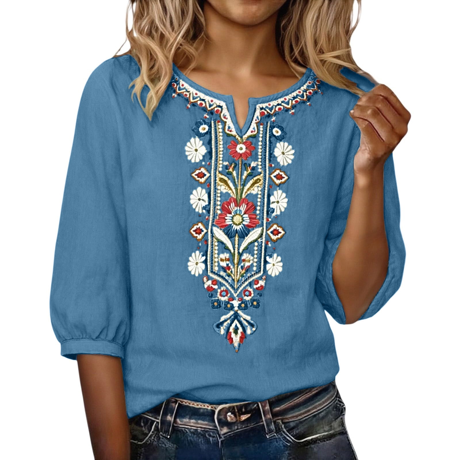 Boho Puff Sleeve Cotton Linen Tops for Women 3/4 Sleeve V Neck ...