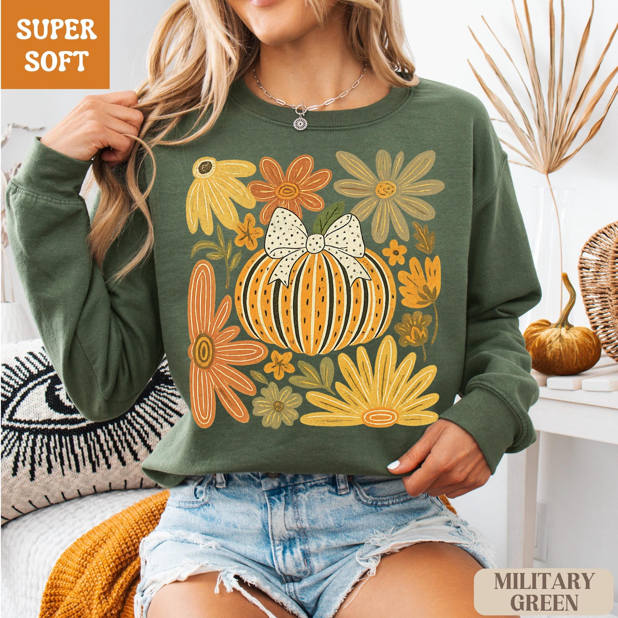 Boho Pumpkin TShirt Fall Super Soft Crewneck Retro Fall Floral Pullover ...