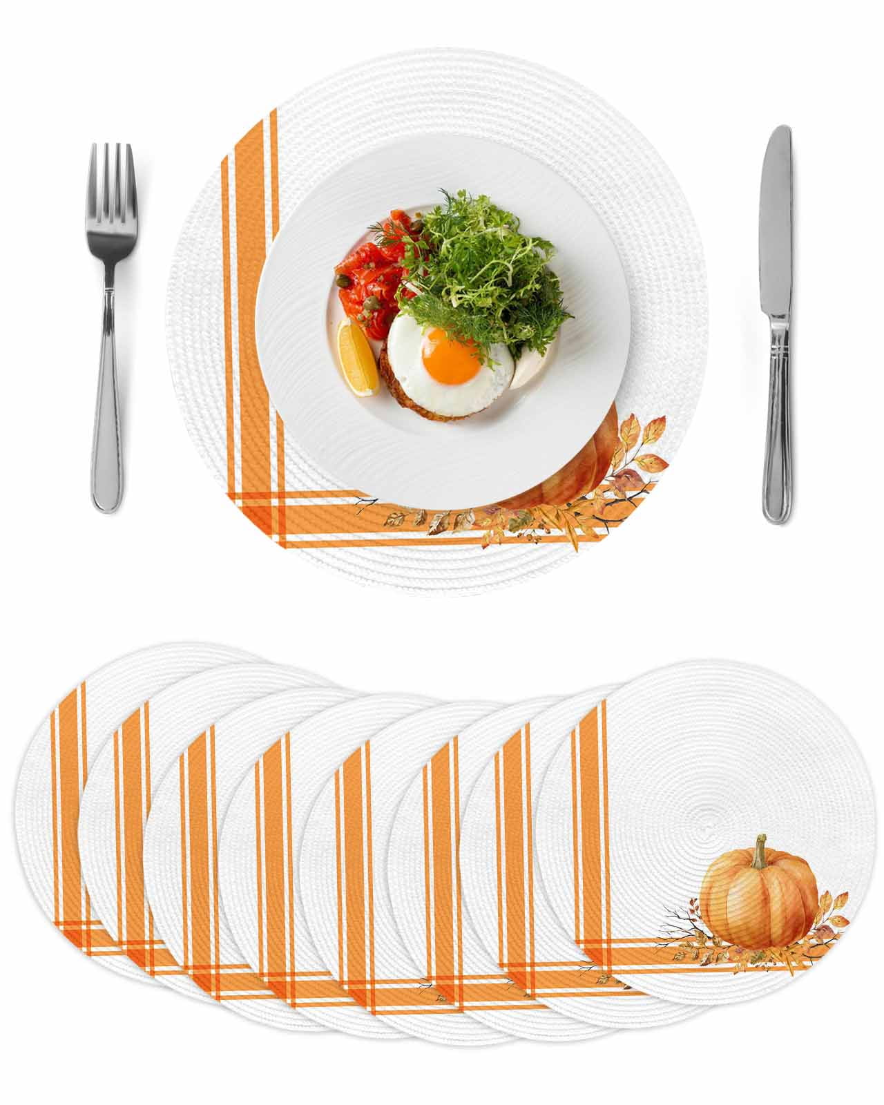 Boho Pumpkins Fall Thanksgiving Round Table Placemats set of 8, Orange ...