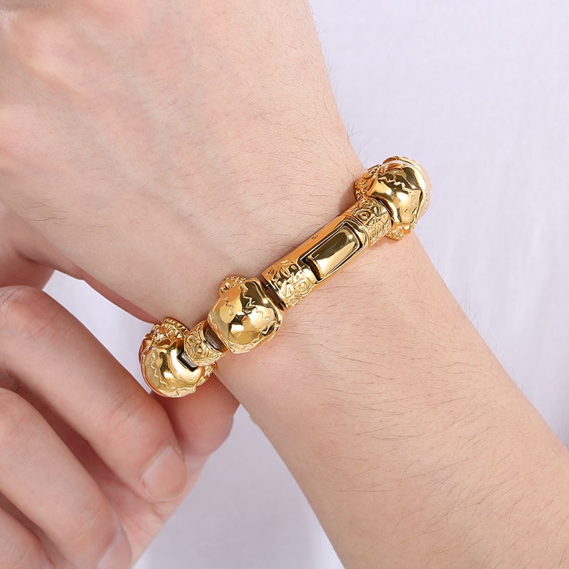 Boho Punk Gothic Skull 14K Yellow Gold Bracelet Men's Retro Personality ...